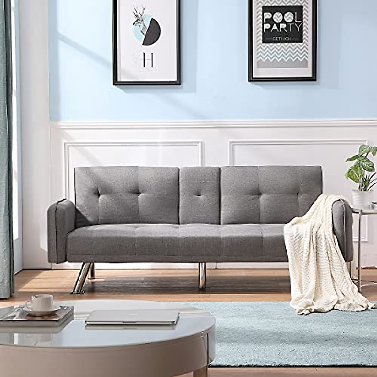 ERDAYE Folding Modern Futon Sofa Loveseat Convertible Sleeper Couch Bed for Living Room Apartment Small Space Furniture Sets with 2 Cup Holders,Metal Legs, Removable Soft Square Armrest,Light Gray