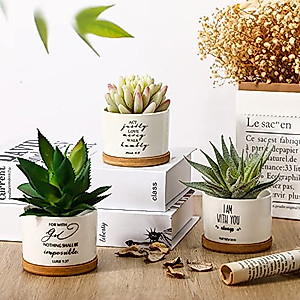 Sieral 6 Pieces Bible Verse Succulent Pots White Ceramic Flower Planter Pot with Bamboo Tray Small Plant Pots Christian Mini Succulent Planters for Patio Garden, 3 x 3 x 2 Inches, Plants Not Included