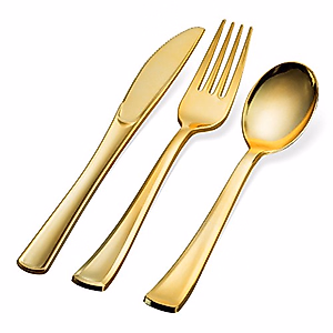 300 Gold Disposable Plastic Flatware Set - 100 Forks, 100 Spoons, 100 Knives - Heavy Duty Silverware for Party Bulk