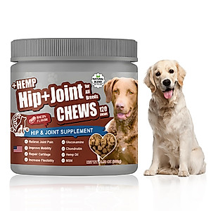 Maggie & ME Dog Pain Relief Hip and Joint Supplements | Glucosamine for Dogs 600mg | Organic Hemp Seed Powder/Oil 650mg | Chondroitin, MSM, Turmeric, Vitamins C & E+ | 120 Bacon Mobility Supplements