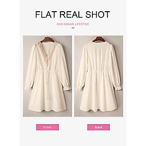 Dokotoo Beige Dresses for Women V Neck Lace Trim Boho Summer Dress Long Puff Sleeve Business Casual Dresses for Women 2024 Tassel Belt Smocked Ladies Cocktail Dress Large