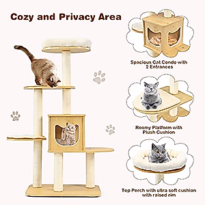 Tangkula Modern Wood Cat Tree, 53 Inches Cat Tower with Platform, Cat Activity Center with Scratching Posts and Washable Cushions, Wooden Cat Condo Furniture for Kittens and Cats (Natural)