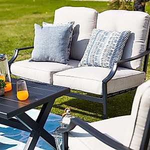 Kamont 4 PCS Patio Furniture Conversation Set Outdoor Furniture Set Metal Chairs w/All Weather Cushioned Love Seat,Poolside Lawn Chair,Coffee Table (Beige)