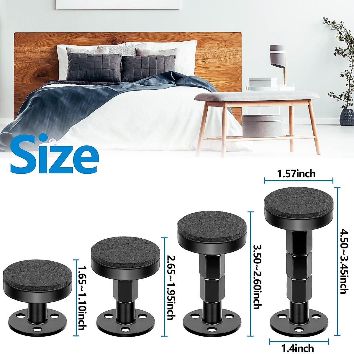 REFFU 4PCS Bed Stoppers Headboard Stoppers, Bed Noise Stoppers, Adjustable Threaded Bed Frame Anti-Shake Tool, Bed Shake Support Stabilizer, Bedside Anti Shake Tool for Bed Cabinet Sofa(30-114mm)