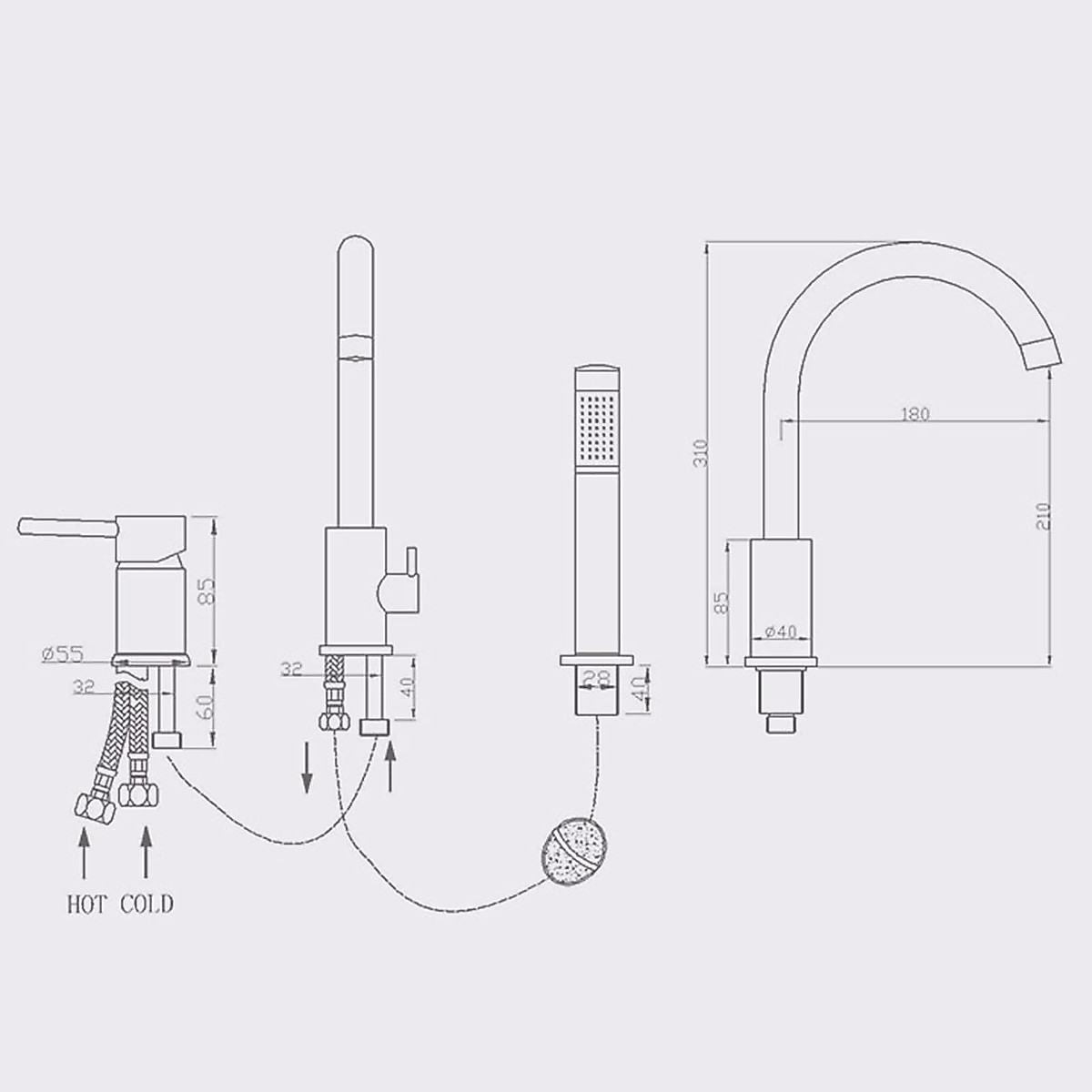 WuDLi Shower Attachment for Bath Taps 3-Hole Bathtub Tap, Bath Mixer Tap Shower Head with Hose