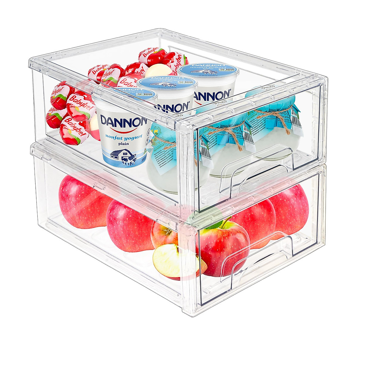 MANO 2Pack Clear Fridge Drawers Pull Out Stackable Refrigerator Drawer Organizer Bins Pantry Storage Box Plastic Food Containers for Kitchen Bathroom Office Closet(Large)