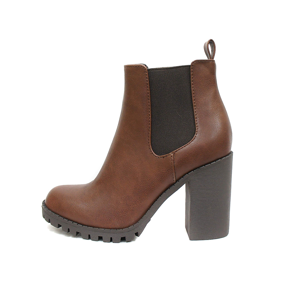 Soda Glove - Ankle Boot w/Lug Sole Elastic Gore and Chunky Heel (7.5, Brown (PU))