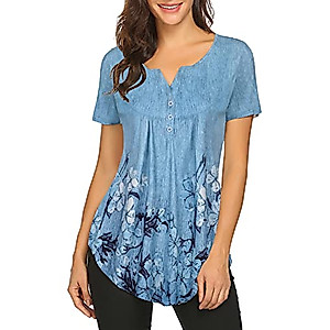 Halife Womens Tops Hide Belly Tunic Short Sleeve Summer Blouses Casual Floral Henley Shirt Blue M