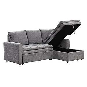 LUMISOL 82" Convertible Sleeper Sofa with Pull Out Bed, Modern L-Shaped Sectional Sofa with Storage Chaise, Chenille Modular Sofa Pull Out Couch Bed for Living Room, Small Apartment (Grey)