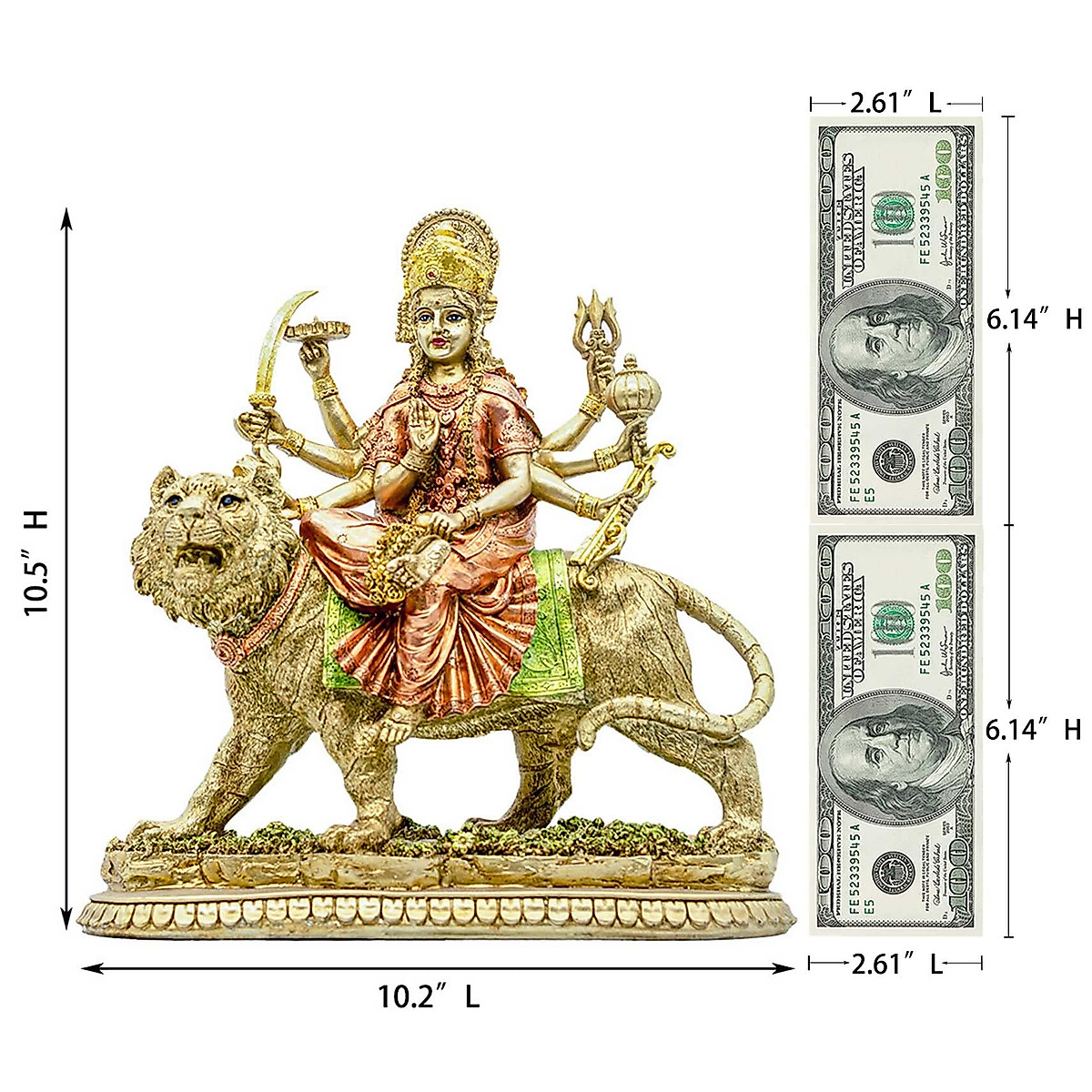 BangBangDa Hindu Goddess Durga Idol Statue - Durga On Tiger Figurine India Murti Home Mandir Temple Altar Puja Item Birthday Diwali Pooja Gifts for Indian Yoga Meditation Spritural Decor