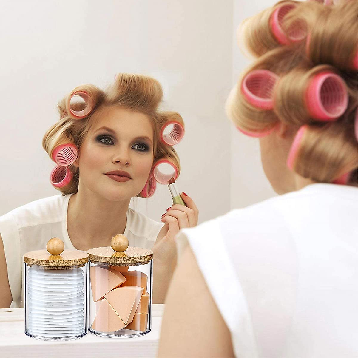 3Pcs Qtip Holder Dispenser, Apothecary Jars with Bamboo Lids, Clear Acrylic Bathroom Jars with Tray, Cotton Swab Storage Dispenser, Reusable Bathroom Canisters, Cotton Swab Holder Dispenser for Makeup