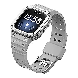 MiRUSI Compatible For Fitbit Versa 4/3/2/1/Fitbit Versa Lite/Fitbit Sense 2/Fitbit Sense Bands with Case, Protective Case Strap Rugged Sport Protect Wristbands For Men Women (Gray&Silver)