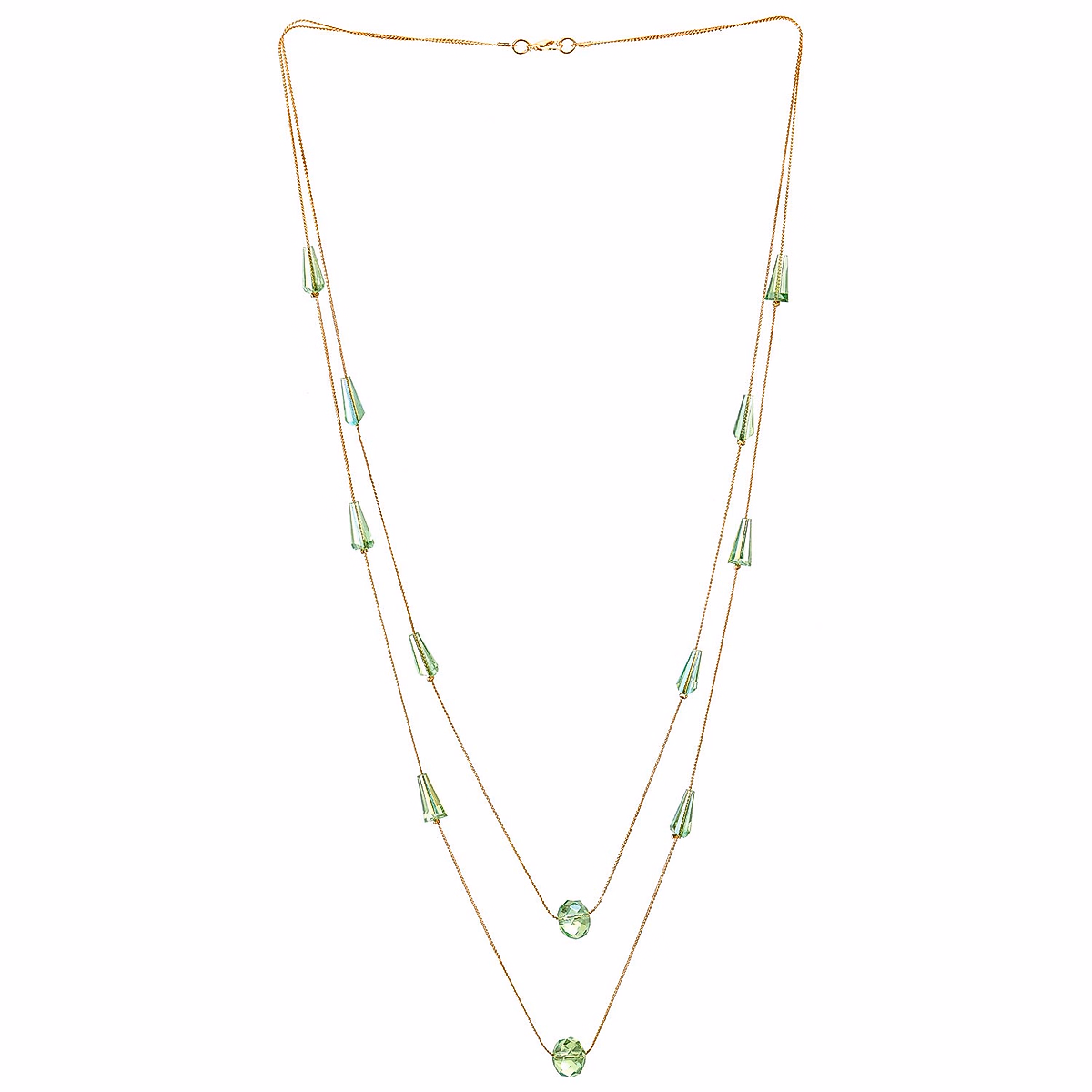 COOLSTEELANDBEYOND Gold Statement Necklace Two-Strand Long Chains with light Green Cone Crystal Beads Charms Pendant