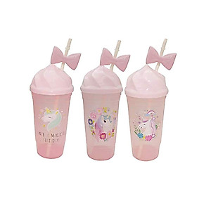 FEOOWV Unicorn Cups with Lids and Bowknot Straws, Plastic Cup for Iced Water Juice Milk Tea,Pack of 12pcs (Pink)