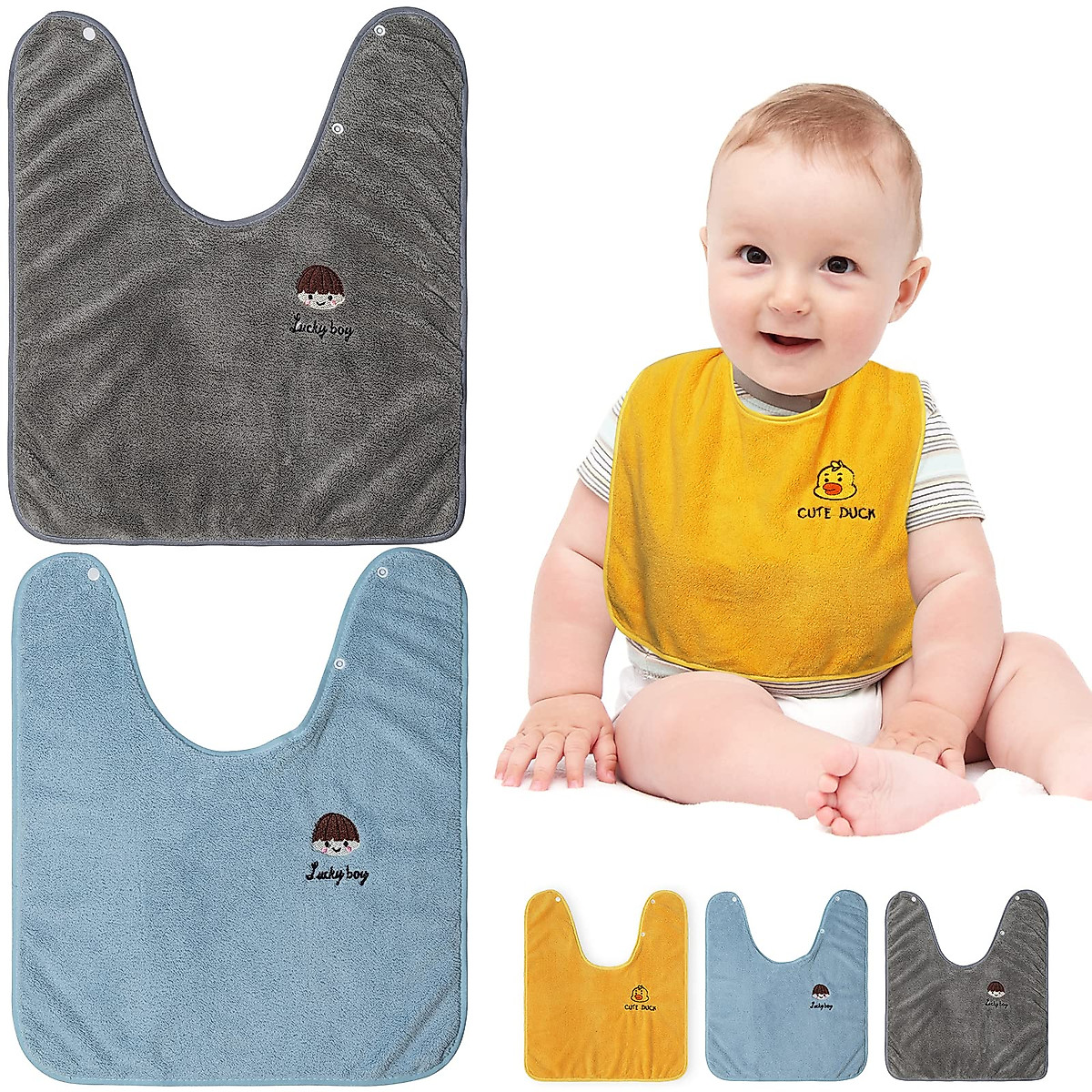 RAXIFU 3 Packed Baby Bibs for Girls or Boys, Toddler Bibs for 2-4 Years Kids eating, the Size 16 "x20 ” Waterproof Baby Feeding Bibs Gift Box Packaging (blue yellow grey)