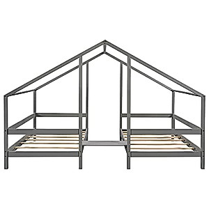 HAUSHECK Double Twin Beds for Kids, Twin Size House Bed with Storage Drawers, Wooden Double Twin Platform Beds for Boys & Girls, Kids Bed with Guardrails & Roof, No Spring Box Needed, Space Saving