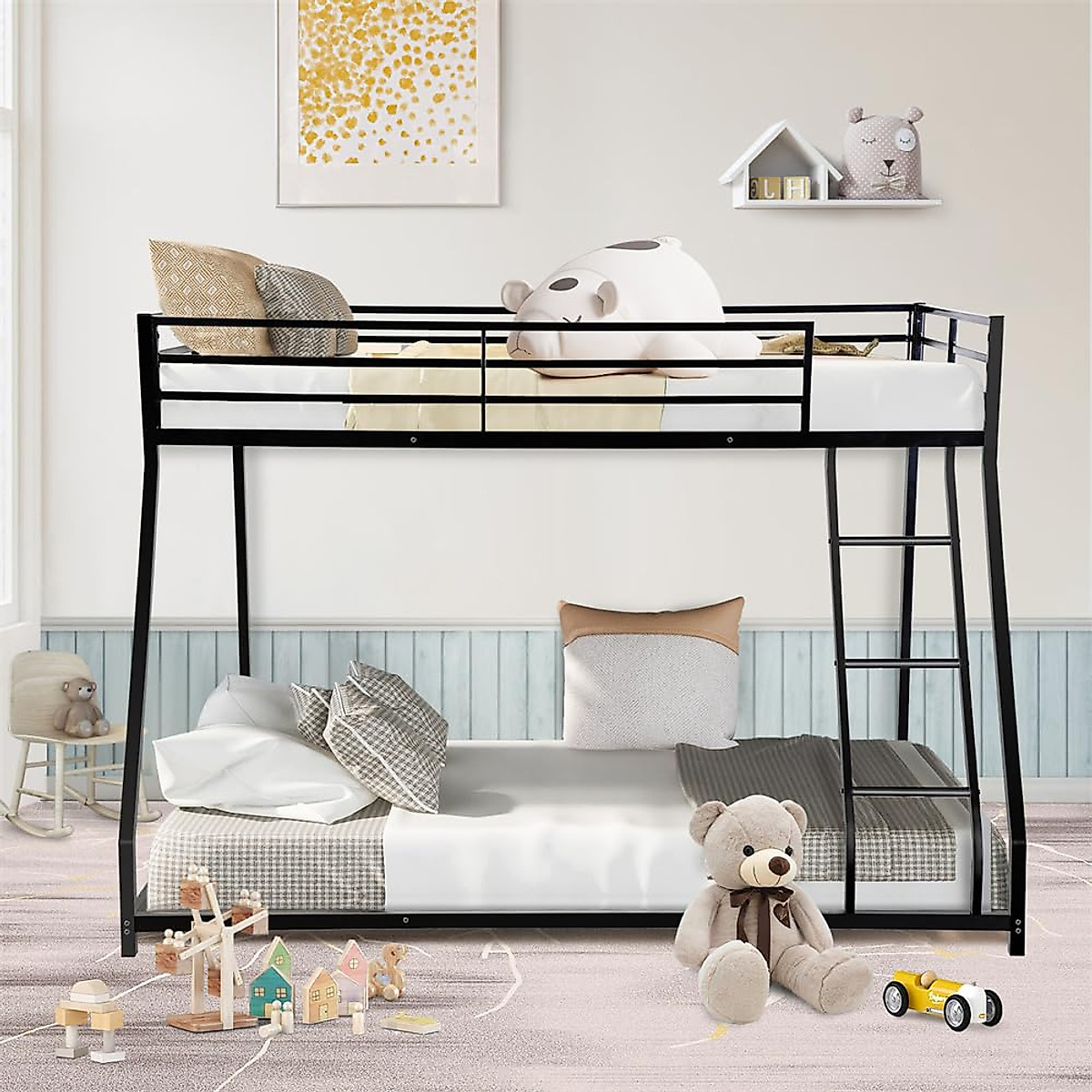 Twin Over Full Size Bunk Bed, Heavy Duty Metal Bunk Bed Frame with Inclined Ladder, Low Floor Bunk Bed for Teens Adults Dorm Bedroom Guest Room, Space Saving & Noise Free, No Box Spring Needed, Black