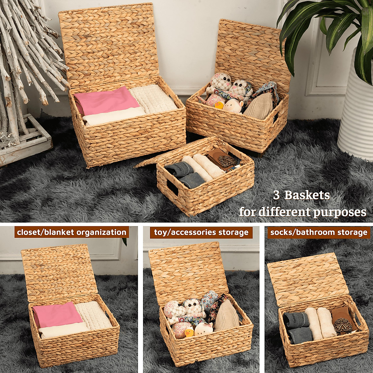 Wicker Storage Baskets with Lid, Basket With Lid Decorative Storage Rectangle 14"D X 11"W X 7"H Wicker Storage Basket With Lid Large Rattan Storage Box Hyacinth Baskets