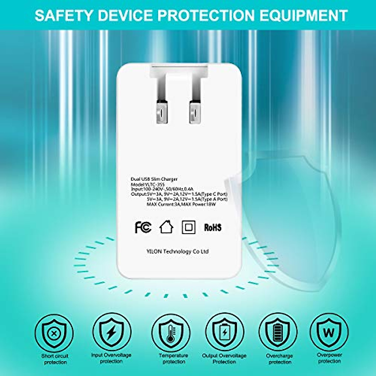 YILON Ultrathin-Slim Fast Plug/USB c Fast Charger 2 Port PD Charger/Portable Travel Wall Charger Plug with QC3.0 Port Power for iPhone X/11/12Pro Max,Airpods,Galaxy All Smart Phone USB c 18w Charger