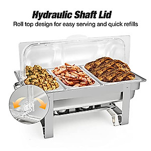 Restlrious Chafing Dish Buffet Set with Roll Top Plastic Cover, Stainless Steel 8 QT Rectangular Chafers and Buffet Warmers Set w/3 Third Size Food Pan, Water Pan, Fuel Can for Catering Event Party