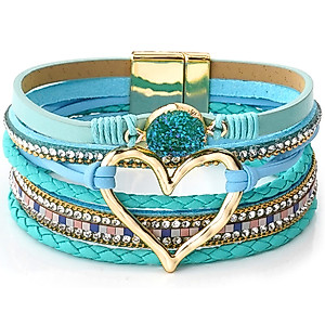 Suyi Multilayer Leather Wrap Bracelet Wide Cuff Bracelets for Women Heart-shape Light Blue