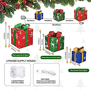 AMZXMAS 3 PCS Outdoor Indoor Christmas Decorations Christmas Lighted Gift Boxes Décor,Pre-lit 65 LED Lights Up Christmas Tree Skirt Ornament with Bows, for Holiday Party Christmas Home Yard (A1)
