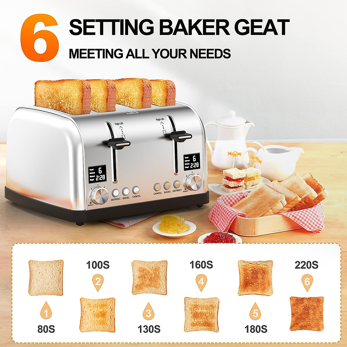 Toaster 4 Slice,Ultra-Clear Led Display, Dual Control Panels With Independent Settings,Retro Stainless Steel Toater with 6 Shade Settings,4 Slice Toaster with Bagel Lainsten Toaster T-5057D (Silver)
