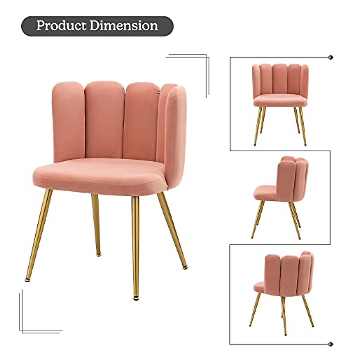 HULALA HOME Velvet Accent Chairs Modern Vanity Chairs for Makeup Room, Comfy Upholstered Dining Chairs for Living Room with Shell Back and Golden Metal Legs/Pink