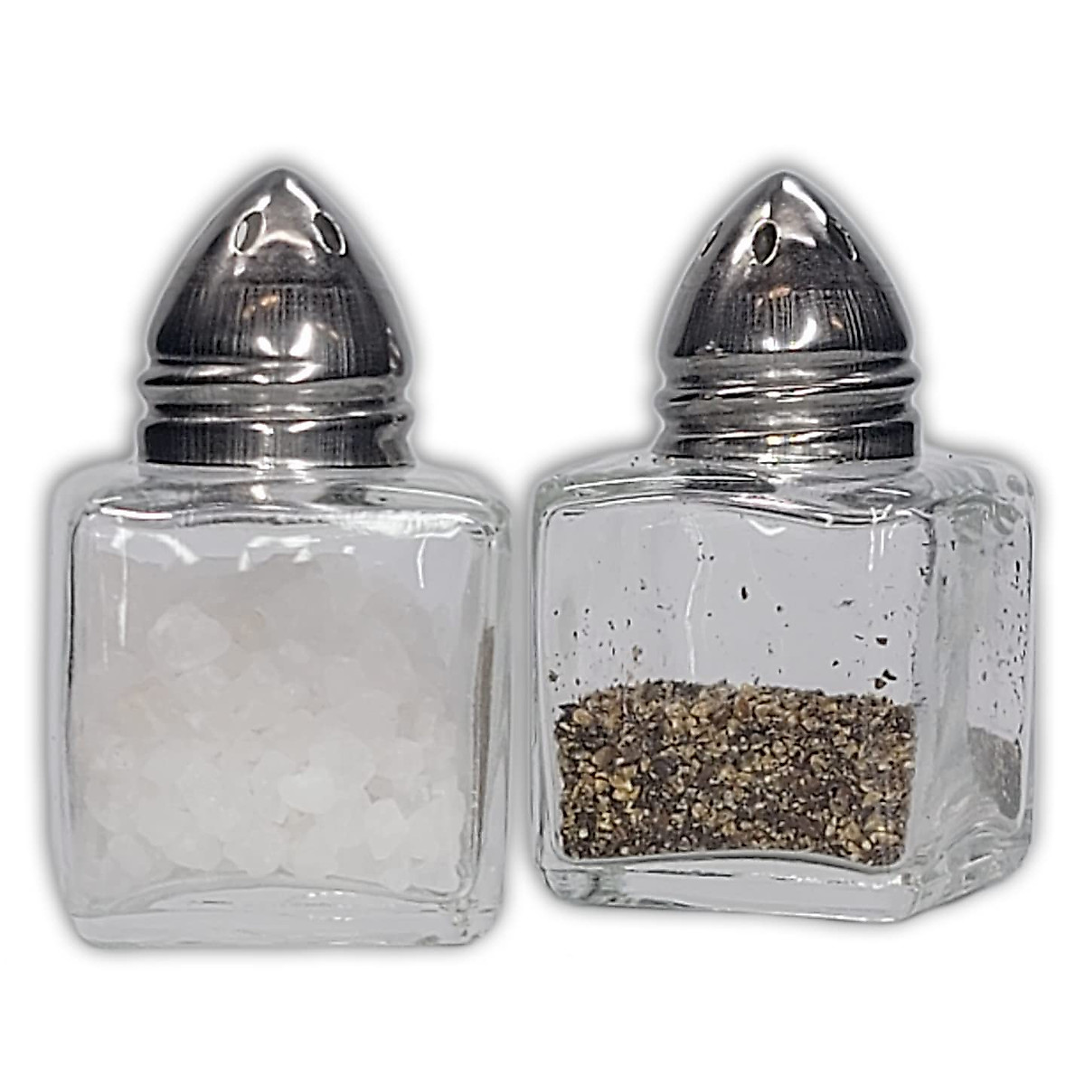 Pack of 4 Clear Glass Mini Cube Salt & Pepper Shakers with Stainless Tops and BONUS Easy Fill Funnel by NetSellsIt