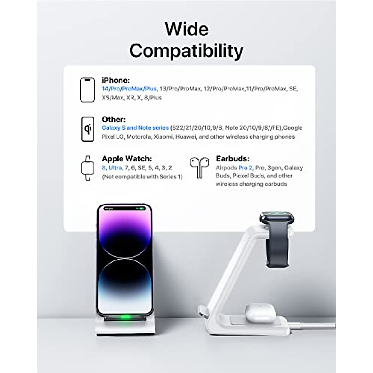 Intoval Wireless Charging Station, 3 in 1 Charger for Apple iPhone/iWatch/Airpods,iPhone15 14,13,12,11 (Pro,Pro Max)/XS/XR/XS,iWatch9/8/Ultra2-1/7/6/SE/5/4/3/2,Airpods Pro2/Pro1/3 (A3,White)