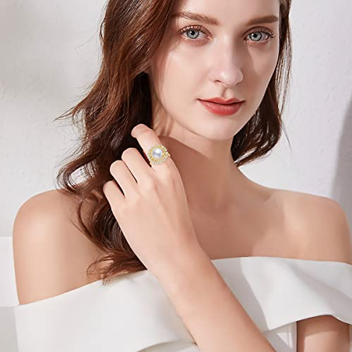 14K Solid Gold 9MM Freshwater Cultured Pearl Ring for Women,Yellow Gold 5A CZ Flower Engagement Ring/Wedding Band/Wedding Anniversary Birthday Gifts for Her,Size 5-11 (Style-1, 6)