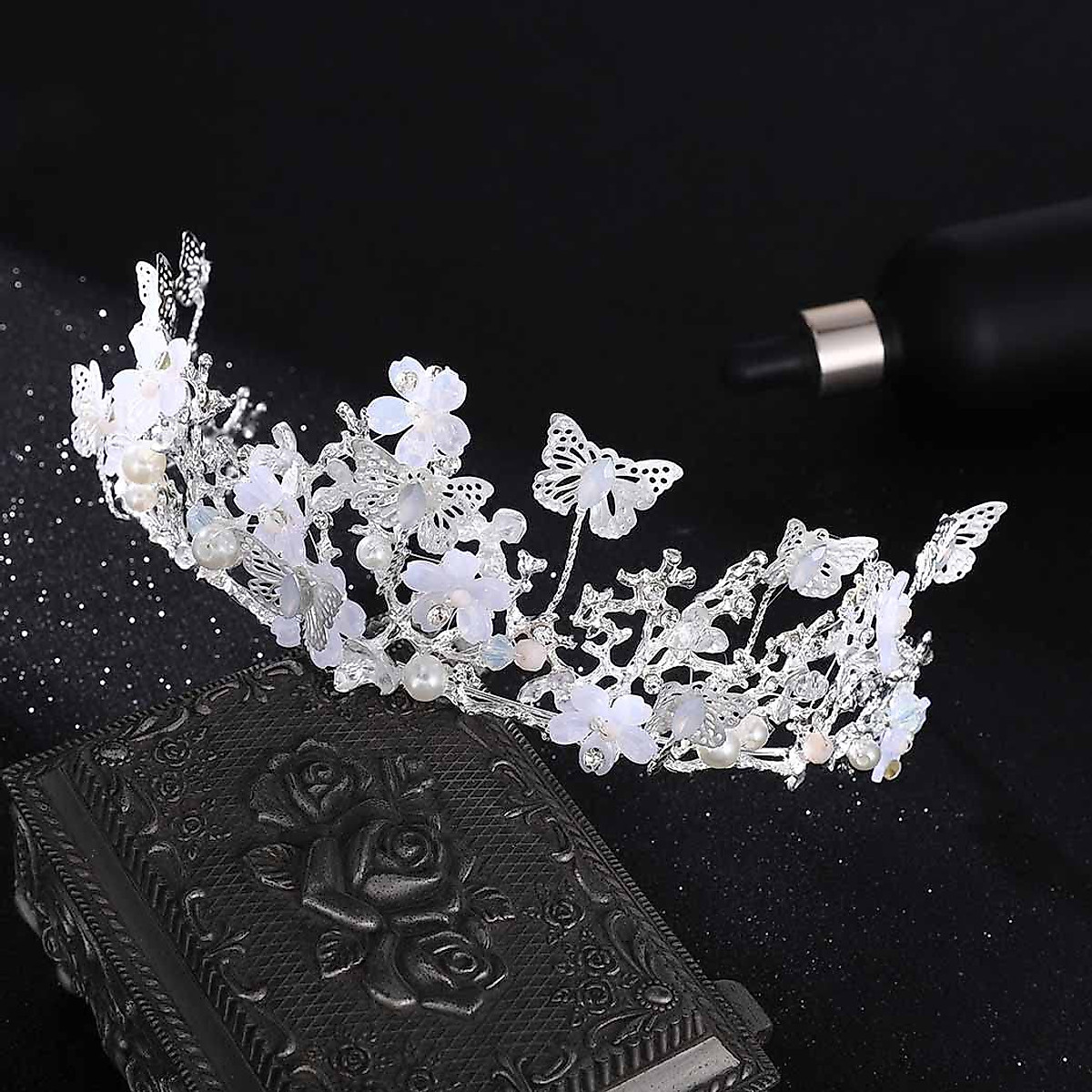 Kilshye Silver Crown Butterfly Rhinestone Tiara Bridal Wedding Crown Queen Costmue Prom Headpiece for Women and Girls (Silver)