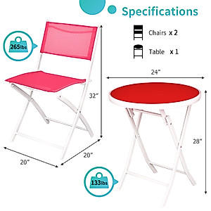 HAPPYGRILL 3 Pieces Patio Folding Bistro Set, Outdoor Foldable Chair & Table Set with Breathable Fabric, Tempered Glass Tabletop, Small Conversation Furniture Set for Porch Balcony Poolside Yard
