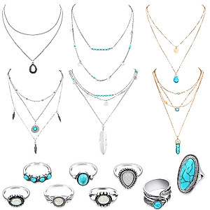 CHENGU 14 Pcs Western Jewelry for Women Boho Turquoise Necklace Rings Jewelry Set Bohemian Joint Knuckle Rings Set for Women (Classic Style)