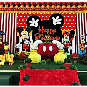 BINARY, Betta Mickey Mouse Photo Backdrop Mickey Happy Birthday Backdrop Red Black Stripes Dots Cartoon Mouse Backdrops for Baby Birthday Party Cake Table Background 6x4ft