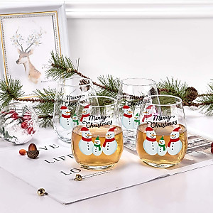 Futtumy Christmas Gift, Merry Christmas Snowmen Stemless Wine Glass for Men Women Dad Mom Friend Family, Funny 15oz Snowman Wine Glass for Christmas, Set of 4