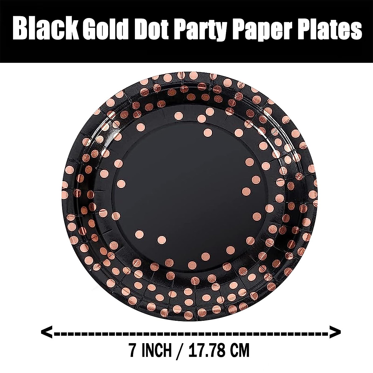 LDFDRT 50 Pack Disposable Party Paper Plates,7 inch Black and Rose Gold Plates,Golden Dots Plates,Metallic Foil Polka Plates for Graduation, Birthday, Weedings,Christmas
