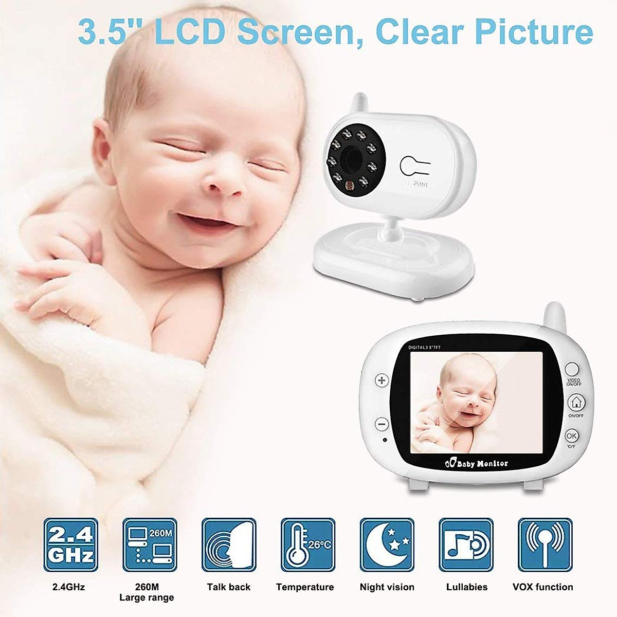 Video Baby Monitor with Camera Baby Security Surveillance Camera Latest with 3.5" Screen, Night Vision, Temperature Sensor, Lullaby, Two Way Talkback, Sound Activated & Audio Only Mode