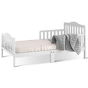 HONEY JOY Toddler Bed Frame, Solid Rubber Wood Frame w/Safety Guardrail, Fits Crib Full Size Mattress (Not Included), Children Classic Sleeping Bedroom Furniture for Kids Boys Girls (White)
