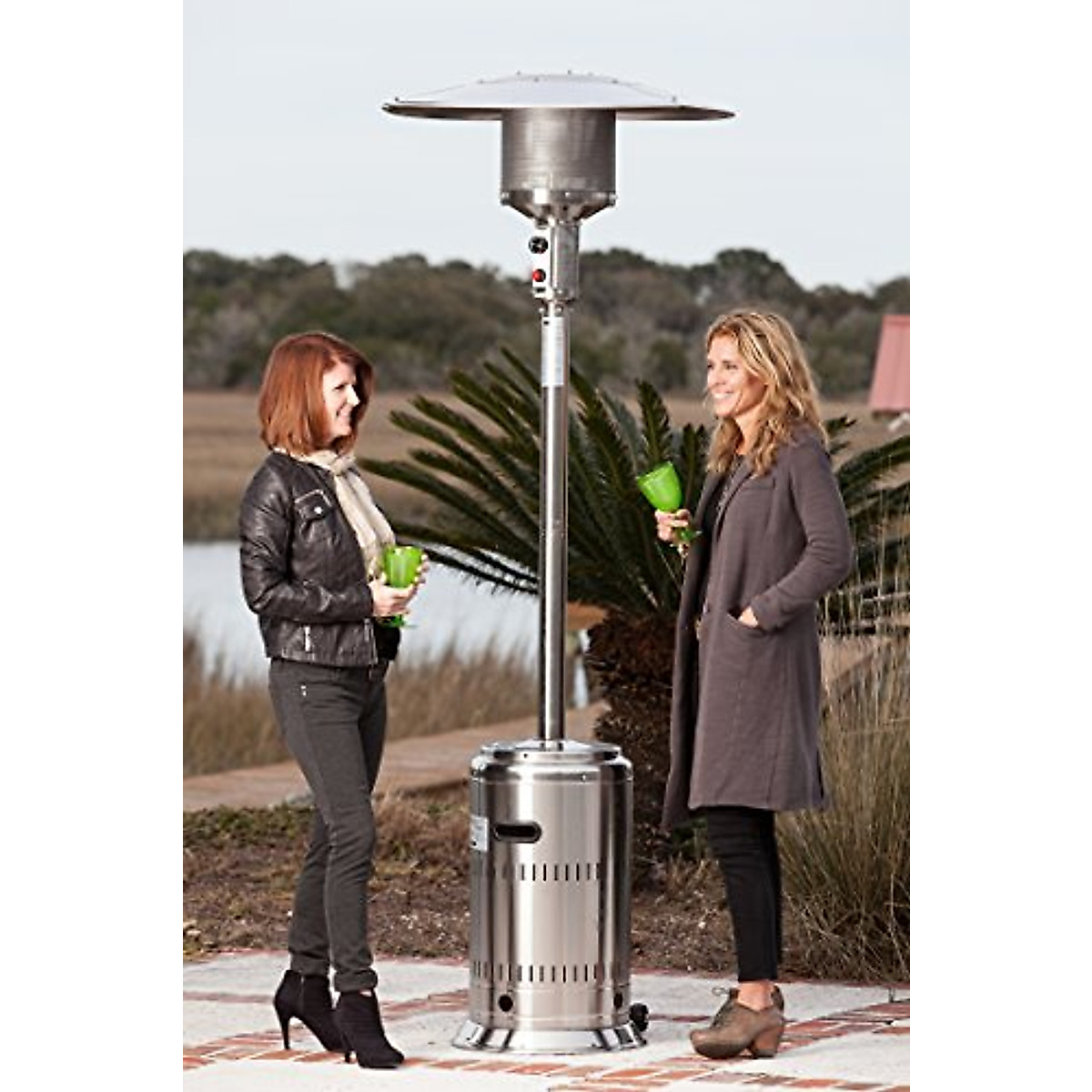 Fire Sense 01775 Performance Series Patio Heater With Wheels 50,000 BTU Output Electronic Ignition System Portable Outdoor Propane Heater For Commercial & Residential - Unpainted Stainless Steel