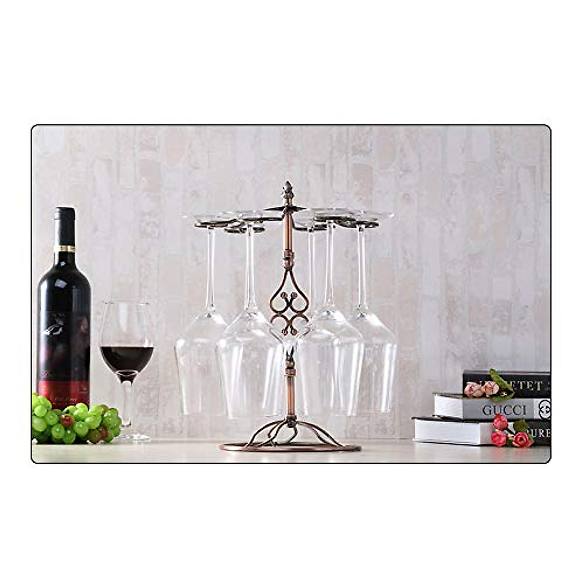Senkoovi Wine Glass Holder Bronze Tabletop Stemware Rack with 6 Hooks Freestanding Cup Storage Classic Stainless Steel for Home and Bar