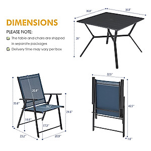 VICLLAX 5 pcs Patio Dining Table and Chairs Set, 4 Outdoor Reclining Folding Sling Chair with Armrest & 1 Square Patio Dining Table with 1.57" Umbrella Hole(Dark Blue/Black)
