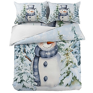 Merry Christmas Snowman Xmas Tree Duvet Cover Sets 4 Piece Queen Ultra Soft Bed Quilt Cover Set for Kids/Teens/Women/Men,Winter Snow Scene Bedding Collection All Season Use