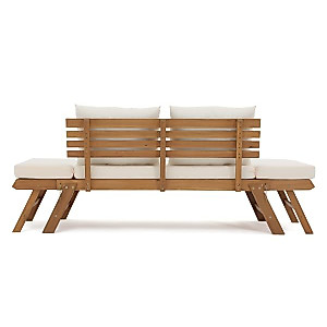 Verano Garden Outdoor Convertible Sofa Daybed, FSC Acacia Wood Patio Couch with Thick Cushion & Pillows for Porch, Backyard, Balcony, Apartment, Sunroom, Cream White