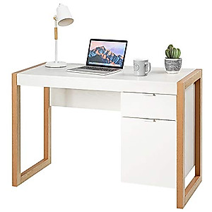 Tangkula White Desk with Drawer & Cabinet, Wooden Home Office Desk, PC Laptop Workstation Study Writing Desk, Ideal for Bedroom Home Office (White & Natural)