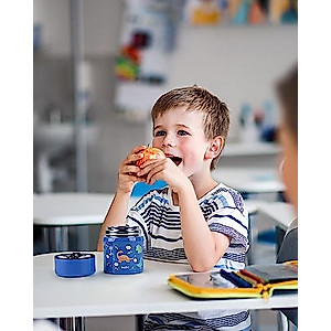 BUZIO Insulated Food Container for Kids Adult, 12oz Stainless Steel Vacuum Insulated Kids Food Jar with Folding Spoon, Leak Proof, Vacuum Insulated Thermo, Portable Food Bowl, Blue Dinosaur