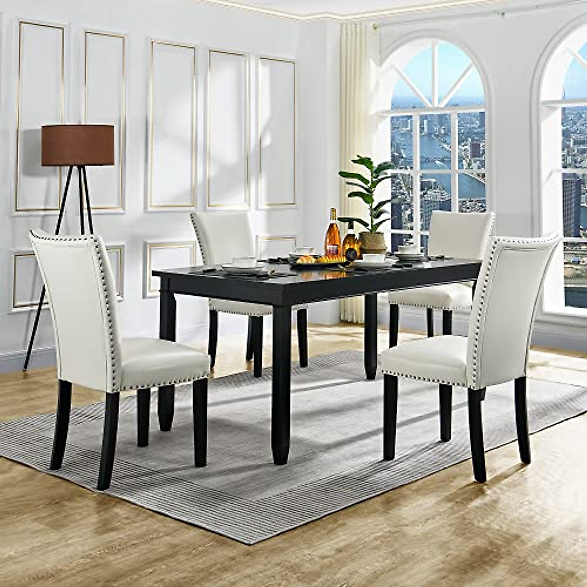 LEEMTORIG Parsons Chairs Faux Leather Dining Chairs Set of 2, Upholstered Mid Century Modern Kitchen Chairs with Nail-Head Trim, Ivory White CY-2258-WT