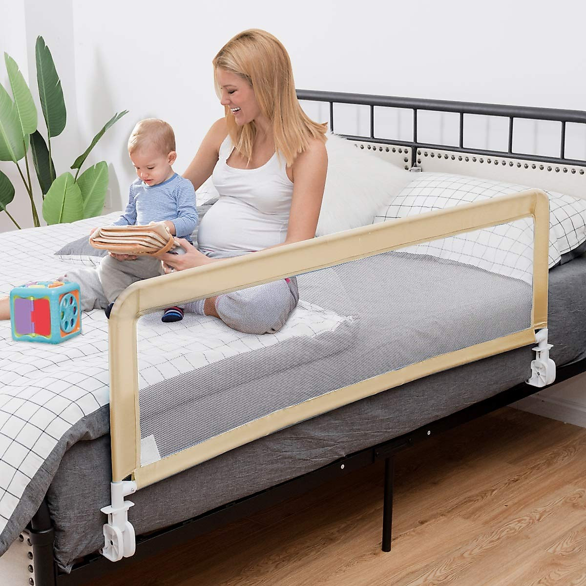 Costzon Bed Rail for Toddlers, 2 PCS Extra Long Swing Down Safety Bed Guards w/Straps for Convertible Crib, Kids Twin, Double, Full Size, Queen & King Bed, Folding Bed Rails for Baby (59-Inch, Beige)