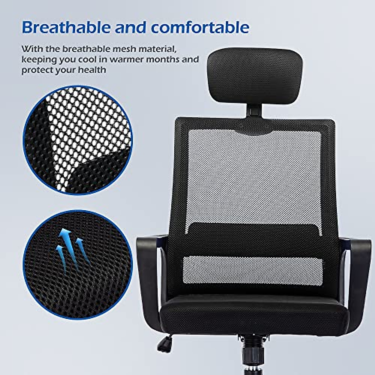 T-THREE. Adjustable headrest Office Chair Ergonomic Mesh Swivel Chair Office Chair Desk Chair Lumbar Support Height Adjustable 360°Swivel Rocking Function Mesh Back Seat for Home Office(Black)