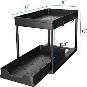 2 Pack Under Sink Organizer, Warmodern 2 Tier Bathroom Organizer Under Sink, Kitchen Cabinet Organizers and Storage Baskets with 16Hooks and 4 Hanging Cups, Multifunction Bathroom Under Sink Organizer